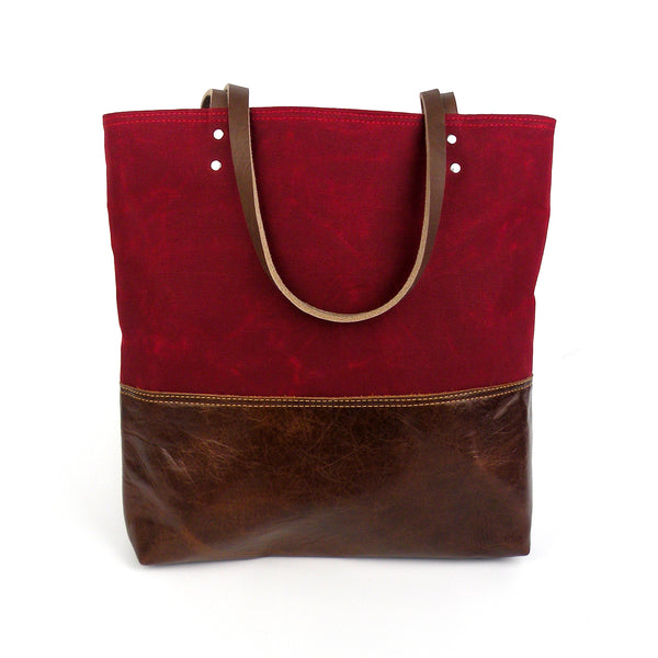 Urban Tote in Red Waxed Canvas and Distressed Leather – Red Staggerwing