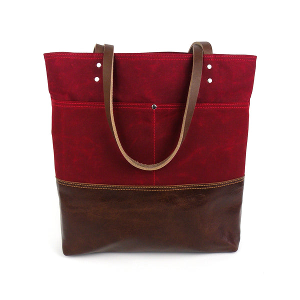 Urban Tote in Red Waxed Canvas and Distressed Leather – Red Staggerwing